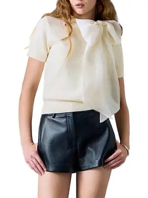 English Factory Bow Accent Short Sleeve Sweater - Cream