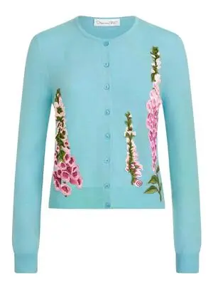 Oscar De La Renta Foxglove Threadwork Wool Cardigan - Blue
