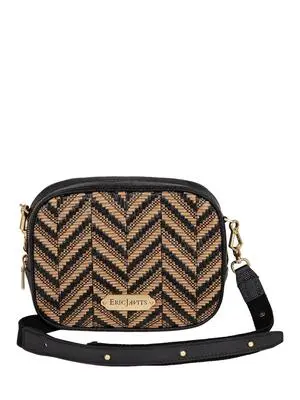 Eric Javits Woven Raffia Zip Pouch With Calf Leather Frame Black Mix