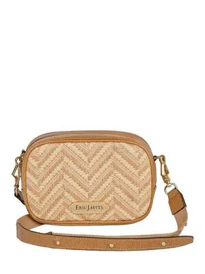 Eric Javits Woven Raffia Zip Pouch With Calf Leather Frame Peanut