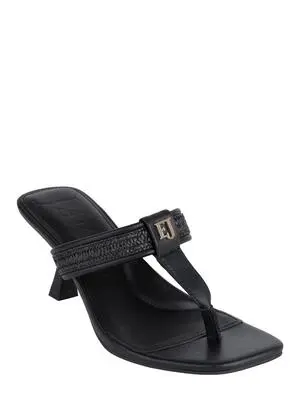 Eric Javits Logo Thong Sandal Color, Raffia Straw With Leather Straps And Gold-toned Logo, Comfortable With Deeply Padded Leather - Black