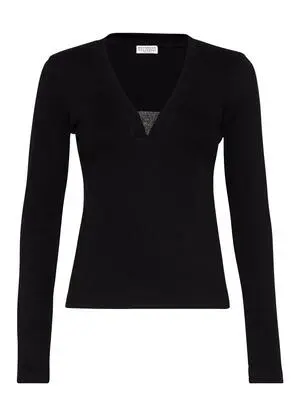 Brunello Cucinelli Stretch-cotton T-shirt With Monili Detail - Black