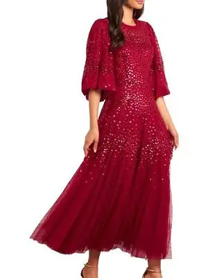NEEDLE & THREAD Scallop Sequin Maxi Dress - Red