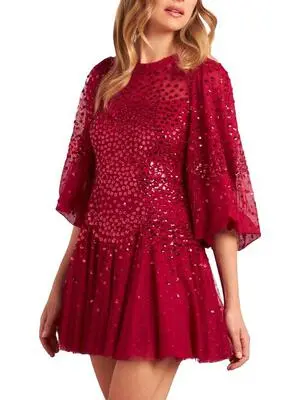 NEEDLE & THREAD Scallop Sequin Mini Dress - Red