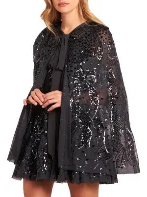 NEEDLE & THREAD Sequin Ribbon Hooded Cape - Graphite