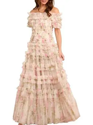 NEEDLE & THREAD Rose Lisette Off-shoulder Gown - Moonshine/pink