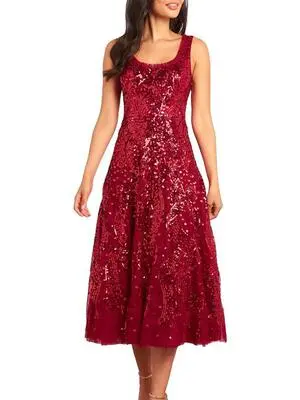 NEEDLE & THREAD Sequin Ribbon Scoop Neck Ballerina Dress - Red