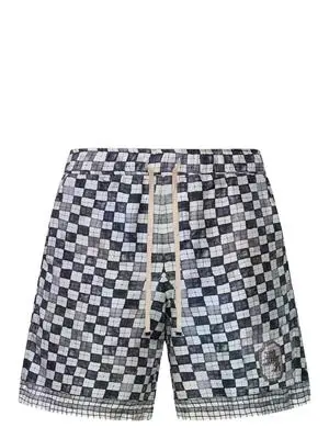 Amiri Watercolor Checkered Silk Drawstring Shorts - Blue