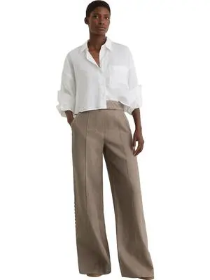 REISS Mila Linen Wide-leg Trousers - Taupe Neutral