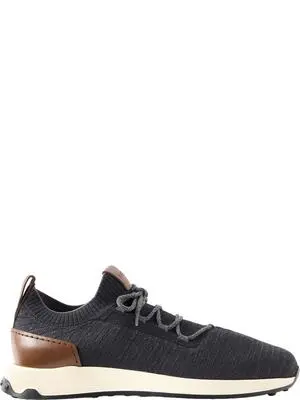 TOD'S Leather-trimmed Stretch-knit Sneakers - Blue
