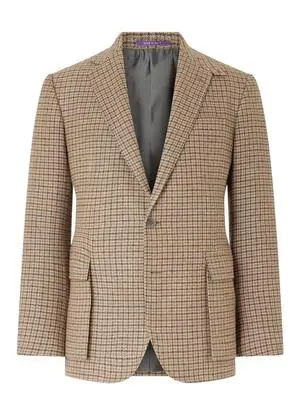 Ralph Lauren Purple Label Kent Suede-trimmed Checked Linen And Wool-blend Blazer - Brown