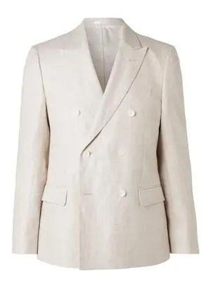 Mr P. Double-breasted Houndstooth Linen Suit Jacket - Neutrals