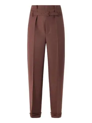 Saint Laurent Tapered Belted Pleated Wool And Mohair-blend Trousers - Brown