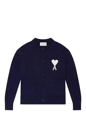 Ami Logo-intarsia Virgin Wool And Cotton-blend Cardigan - Blue