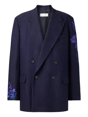 Dries Van Noten Double-breasted Embroidered Wool-flannel Blazer - Blue