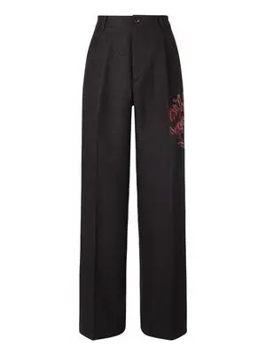 Dries Van Noten Wide-leg Pleated Embroidered Wool-flannel Trousers - Brown