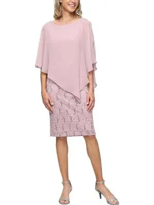 SL FASHIONS Chiffon Capelet Floral Lace Cocktail Dress - Blush