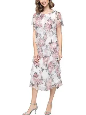 SL FASHIONS Tiered Floral Shimmer Midi Dress - Ivory/pink