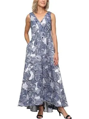 SL FASHIONS Floral Jacquard Gown - Navy Ivory