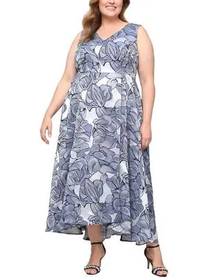 SL FASHIONS Floral Jacquard Gown - Navy Ivory