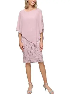 SL FASHIONS Chiffon Capelet Floral Lace Cocktail Dress - Blush