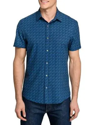 W.R.K Basic Slim Fit Abstract Blur Short Sleeve Performance Button-up Shirt - Blue