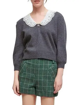 Maje Lace Collar Crop Sweater - Grey