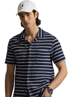Ralph Lauren Striped Pointelle-ribbed Camp Shirt - Newport Navy/pale Cream