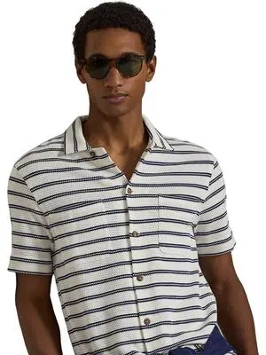 Ralph Lauren Striped Pointelle-ribbed Camp Shirt - Pale Cream/newport Navy