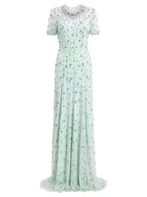 Jenny Packham Beaded Short Sleeve Maxi Dress - Blue