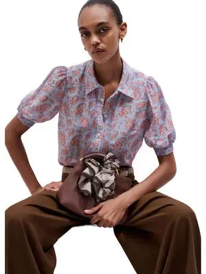 ME+EM Silk Cotton Gilded Paisley Print Straight Blouse - Blue Multi