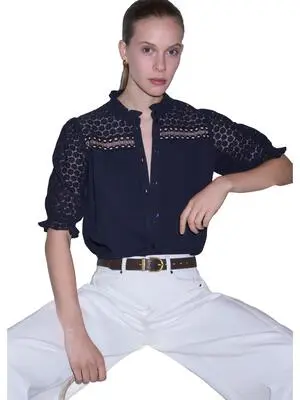 ME+EM Cheesecloth And Lace Detail Blouse Navy