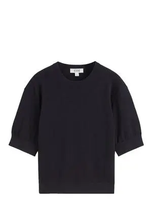 Cos Knitted Cotton T-shirt With Puff Sleeves - Navy