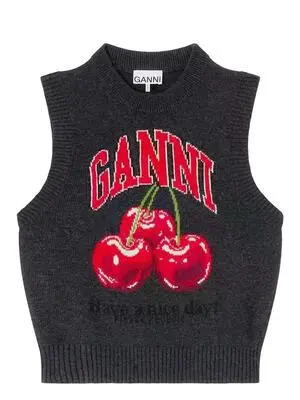 GANNI Cherry-print Wool Vest - Grey