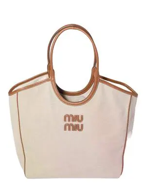 Miu Miu Ivy Canvas And Leather Tote - Neutrals