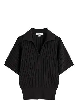 Cos Pointelle-knit Cotton Polo Top - Black