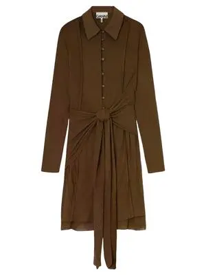GANNI GANNI Long Sleeve Collared V-Neck Dress With Draped Knot Detail Brown