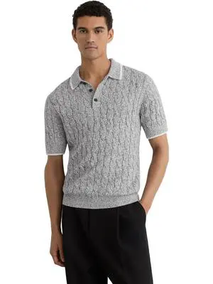 REISS Denby Cotton Cable-knit Polo Shirt - Black/white