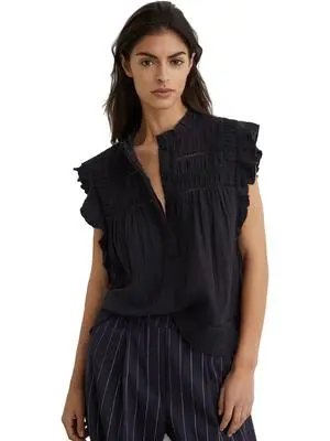 REISS Cotton Cheesecloth Sleeveless Top - Navy