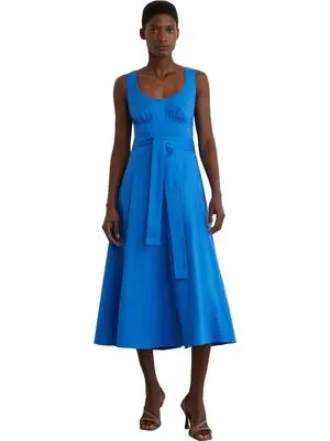 REISS Irina Cotton Belted Midi Dress With Stretch
