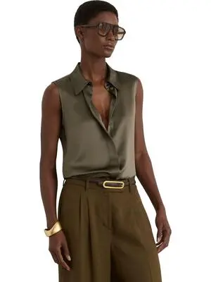 REISS Amelia Silk Sleeveless Shirt - Khaki Green