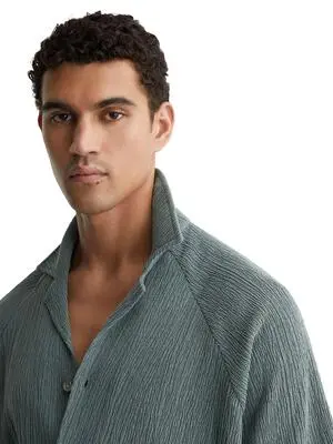 REISS Knox Textured Raglan Cuban-collar Shirt - Dark Sage