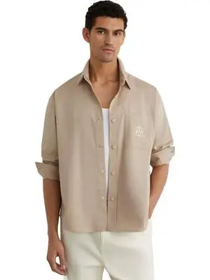 REISS Elmore Monogram Embroidered Relaxed Overshirt Stretch-cotton - Light Stone