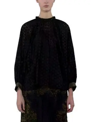 Biyan Gathered Neckline Eyelet Blouse - Black