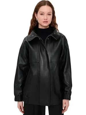 Theory High Neck Cinch Leather Jacket - Black