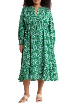 SUGARLIPS Cabana Floral Keila Long Sleeve Smocked Yoke Midi Dress
