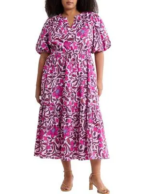 SUGARLIPS Floral Ginny Puff Sleeve Tiered Midi Dress - Pink-multi