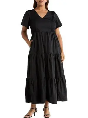 SUGARLIPS Alexis Poplin Tiered Midi Dress - Black