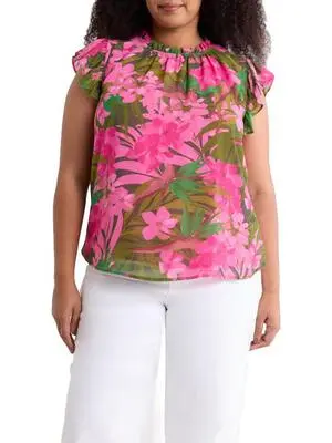 SUGARLIPS Floral Cap-sleeve Top - Green-pink-coral