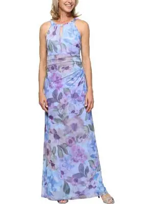 SL FASHIONS Gathered Floral Cutout Sleeveless Maxi Dress - Blue/multi
